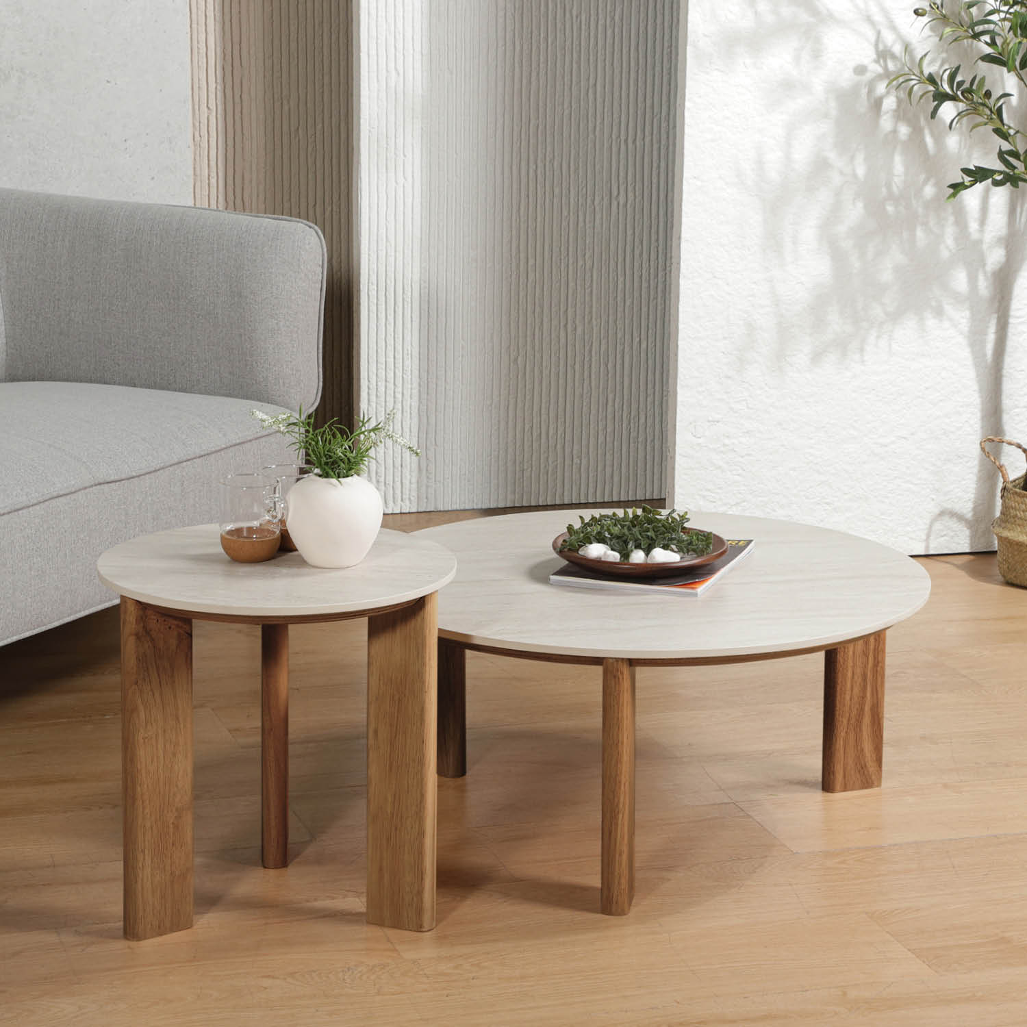 Sintered x Macon Coffee Table – Round Dia800 - Travertine/Light Walnut ...
